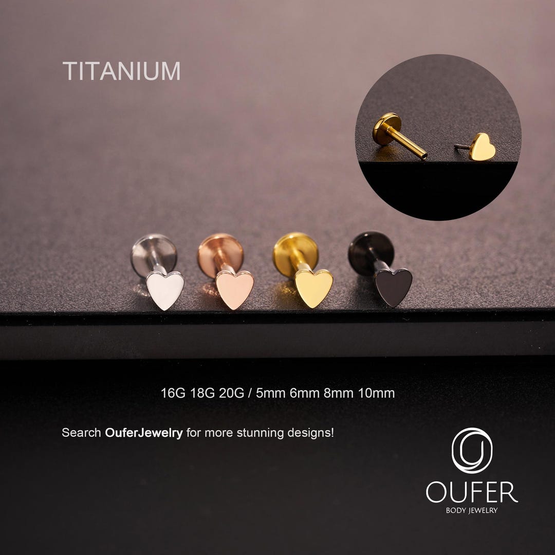 16G/18G/20G Titanium Threadless Heart Flat Back Stud/push Pin Labret ...