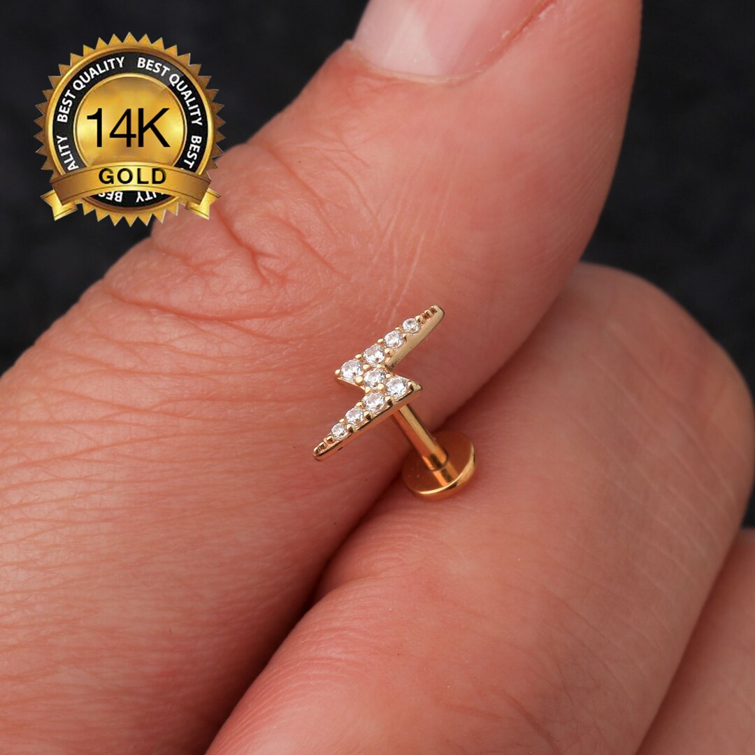 14k Solid Gold Lightning Bolt Cartilage Earring/threadless Push Pin ...