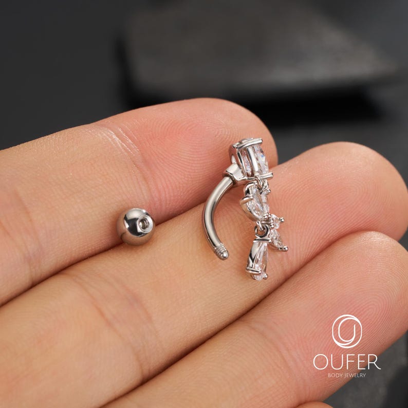14G Lotus Flower Dangle CZ Belly Ring/curved Barbell/hang Upside Down ...