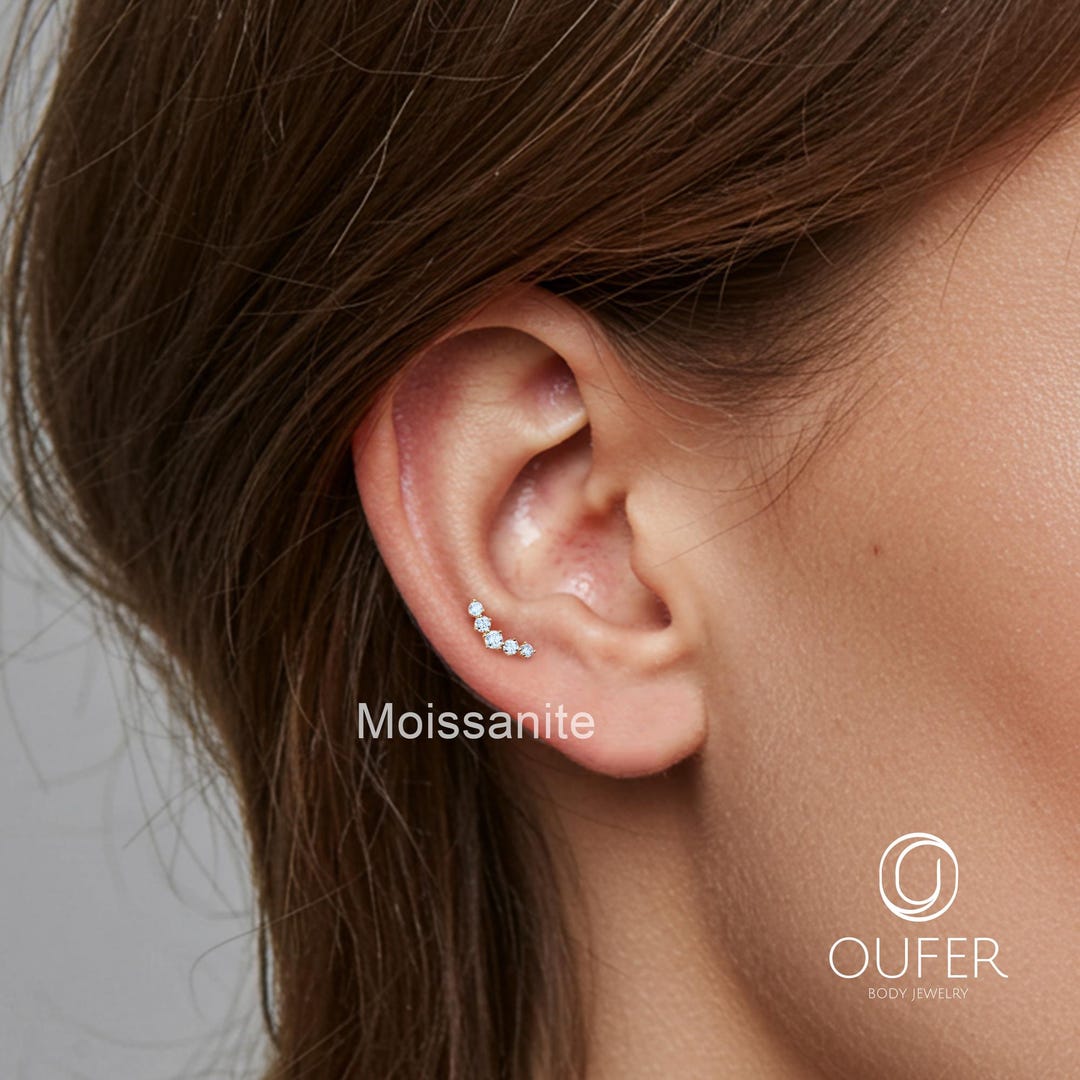 14K Solid Gold Moissanite Threadless Curved Bar Piercing – Inner Conch ...