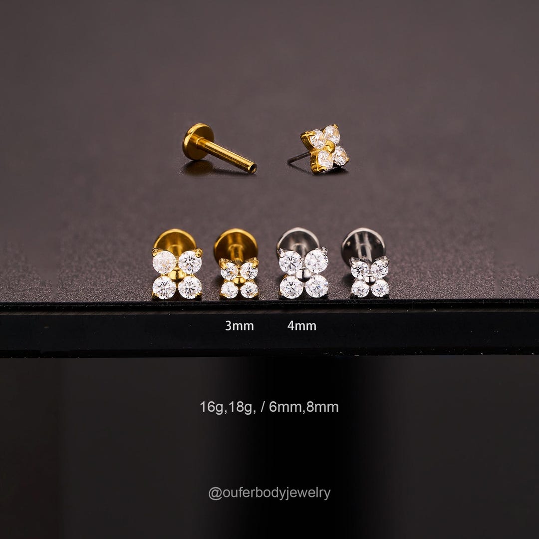 16G/18G Threadless Four Leaf Clover CZ Stud/gold/silver Cartilage Stud ...