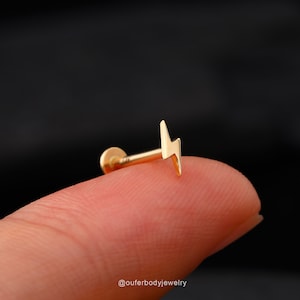 14K Solid Gold Tiny Lightning Bolt Threadless Push Pin Labret Stud/cartilage Earrings/forward ...