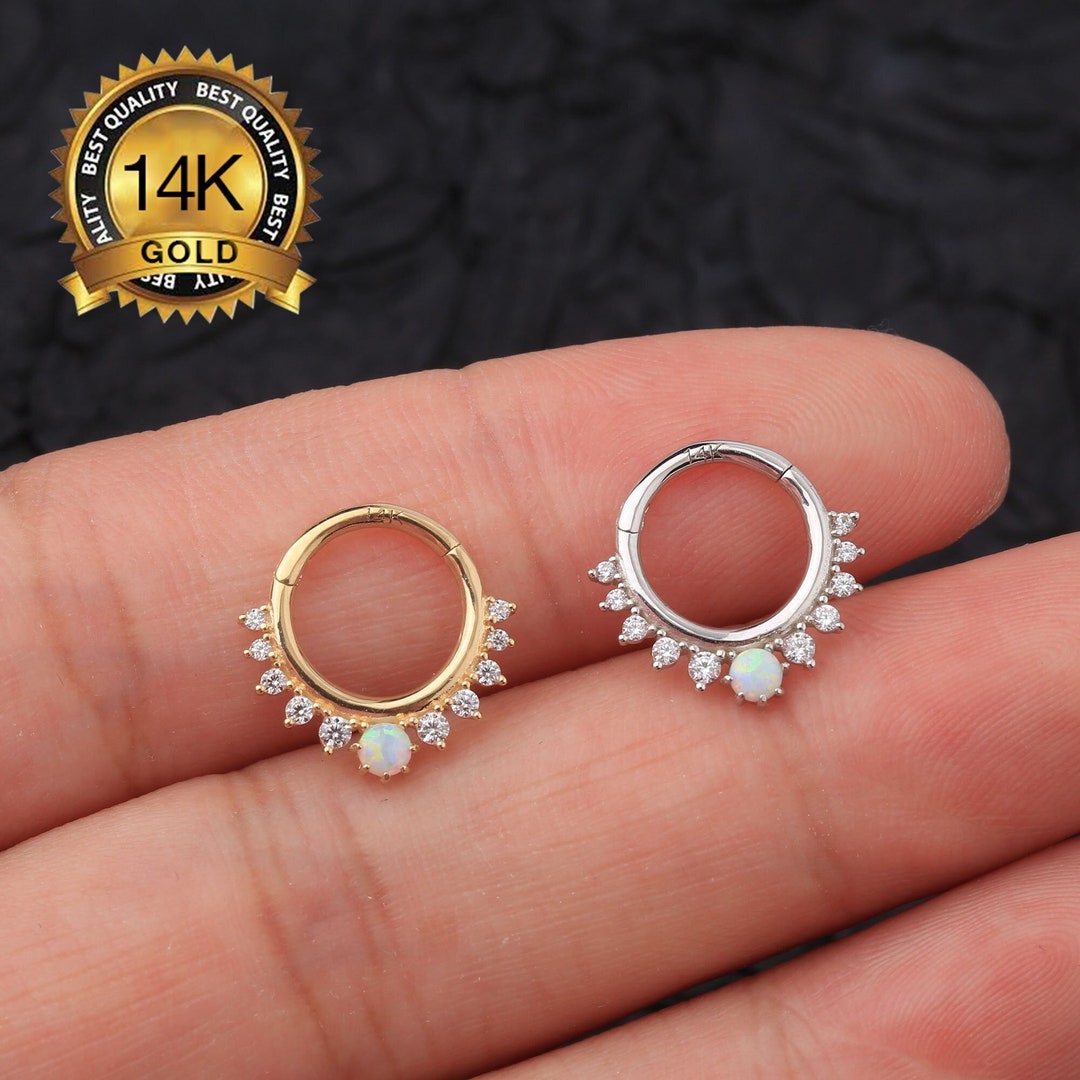 14K Solid Gold CZ Opal Daith Earring/septum Hoop/cartilage Hoop/nose ...