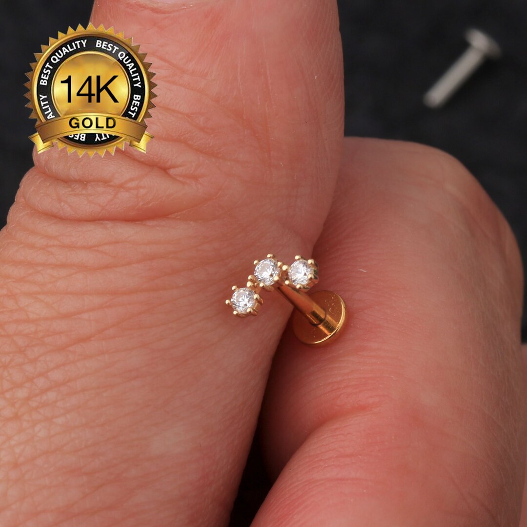 14k Solid Gold CZ Cartilage Piercing/threadless Push-in Labret/nose ...