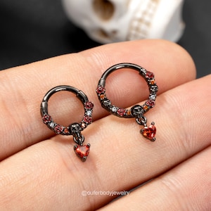 16G Skull Head Heart Dangle Hinged Segment Septum Ring/black Red Septum ...