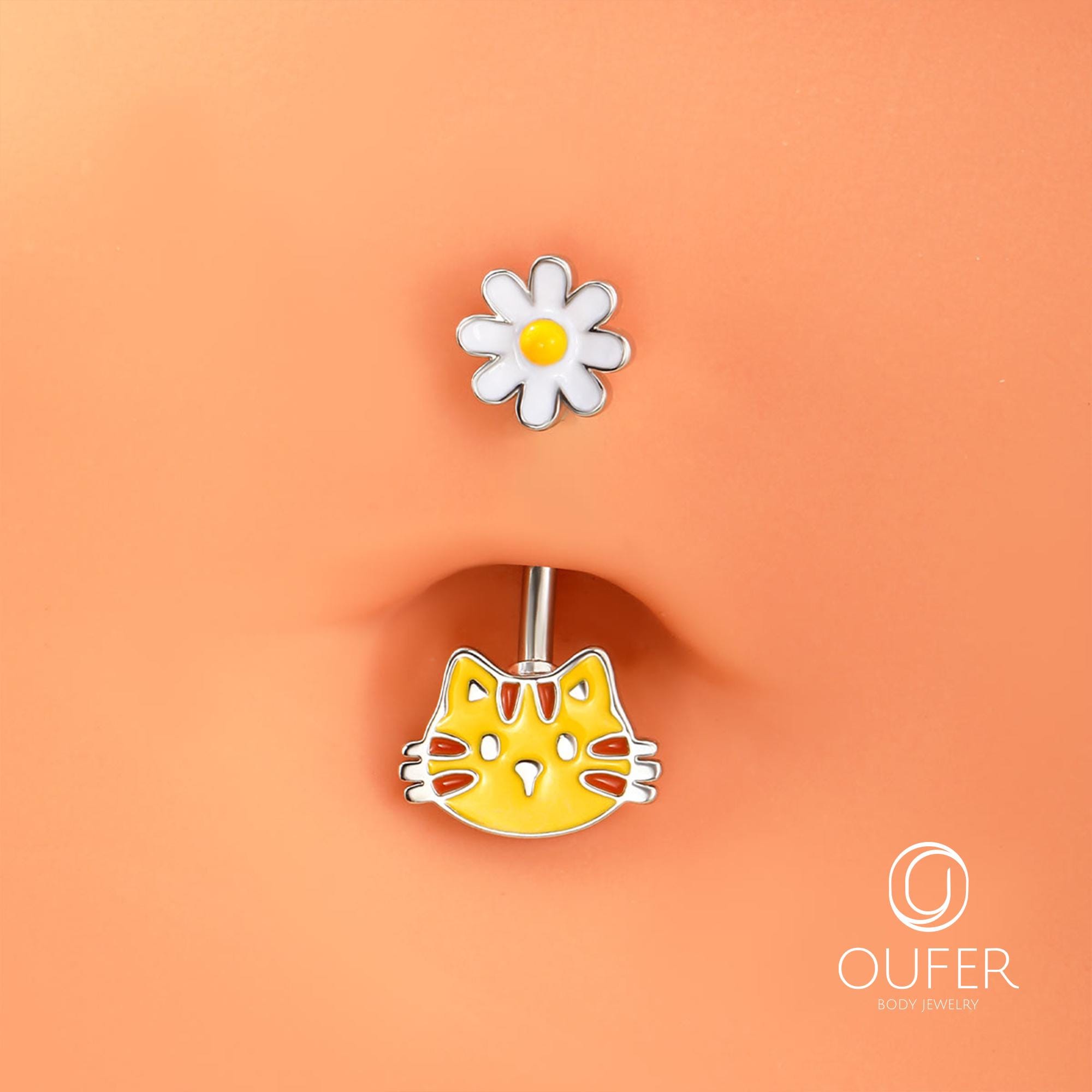 Oufer X Roly Daisy & Cat Face Top Navel Ring/14g Flower Belly Button ...