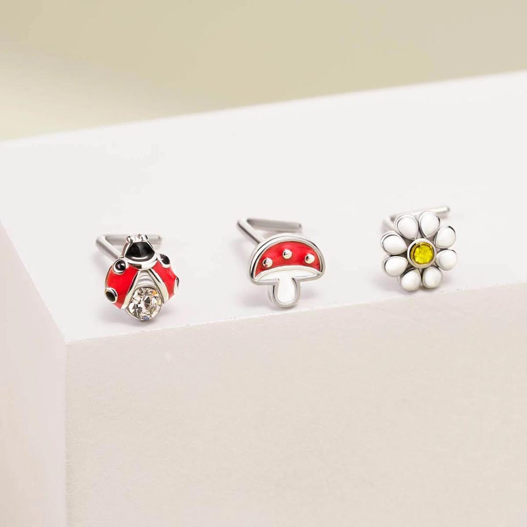 3PCS 20G Daisy/ladybird/mushroom Nose Stud Pack/l Shaped Nose Piercing ...