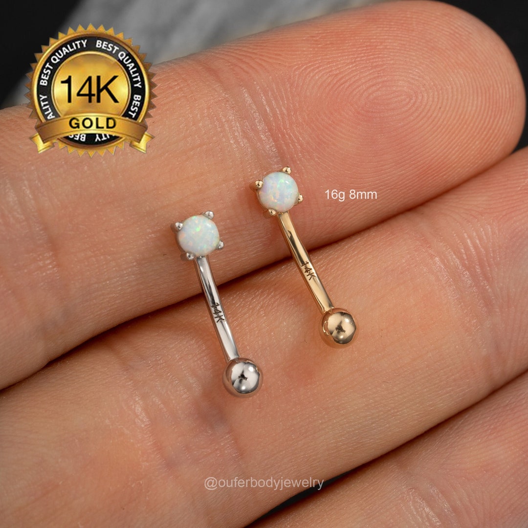 14K Gold Round Opal Curved Barbell/16g Rook Earring/eyebrow Piercing/vertical Labret Jewelry ...