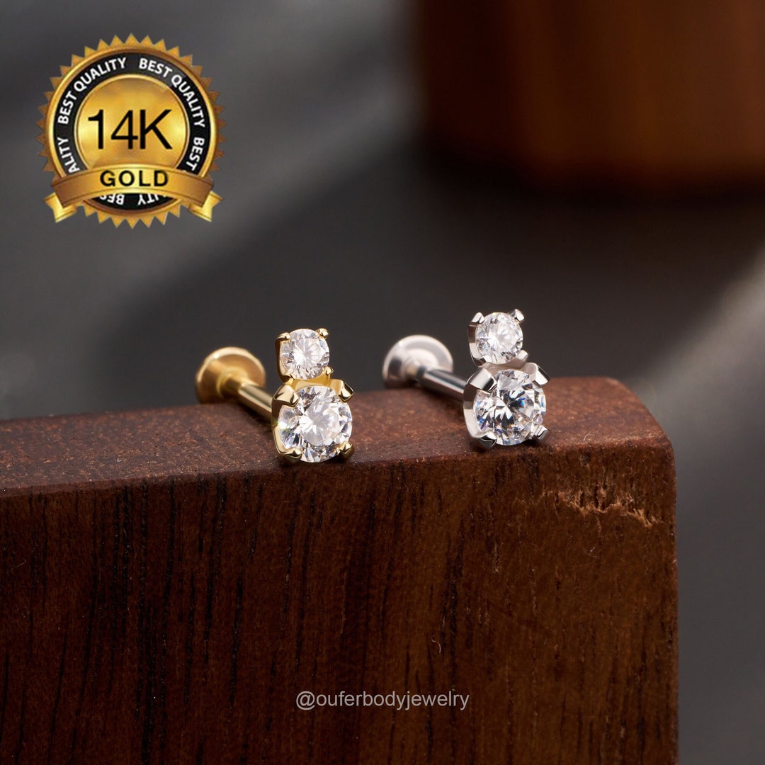 16G 18G 20G 14K Solid Gold Tiny CZ Threadless Cartilage Earring/push ...