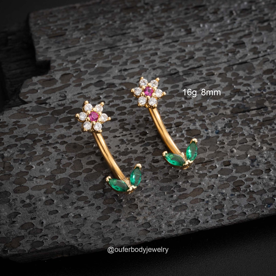 16G Flower Curved Barbell/green Leaf Cartilage Earring/rook Earring ...