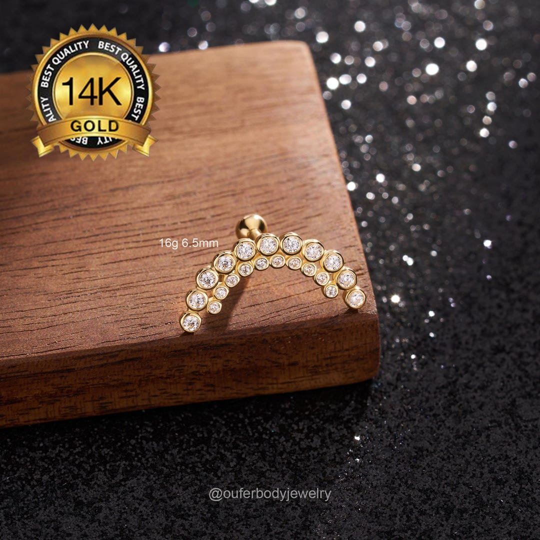 14K Solid Gold Invisible Set Diamond Apsara Curve Threaded Stud Earring ...