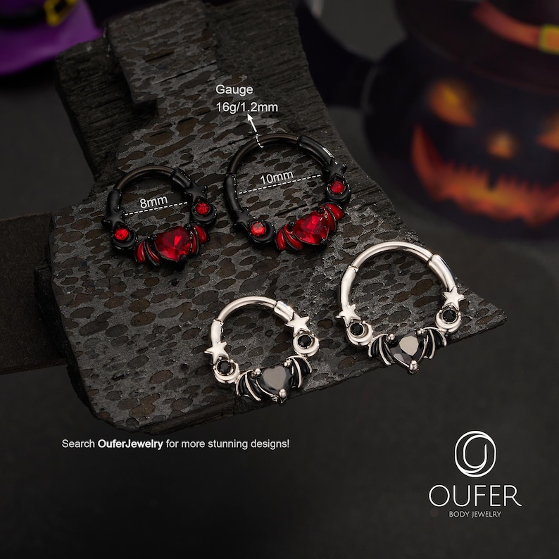 16G Black/red Heart CZ Septum Hinged Segment Clicker 8/10mm Silver ...