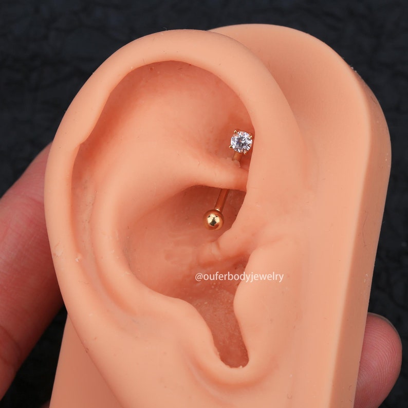 14K Gold Round CZ Curved Barbell Earring/16g Rook - Etsy