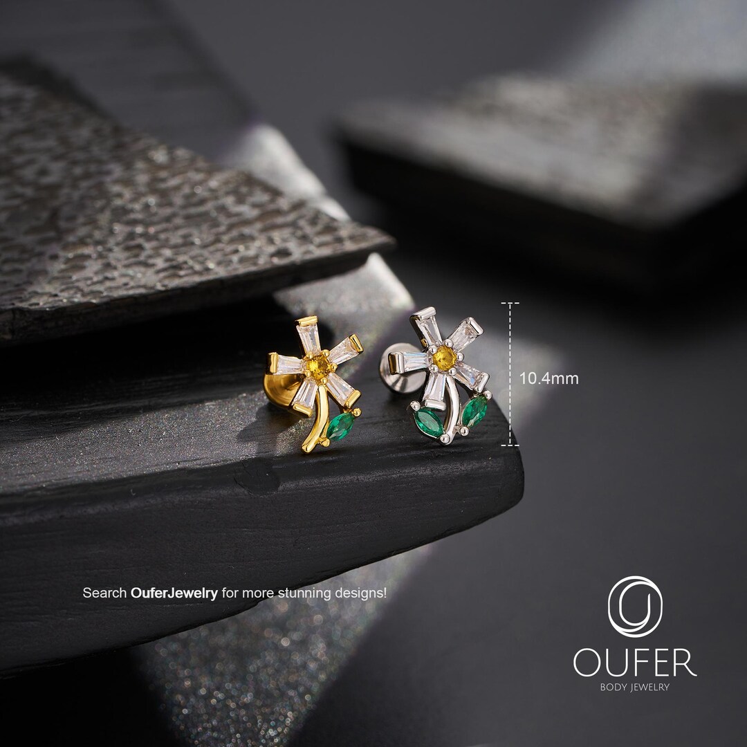16G Five Petals Big Flower Leaf Flat Back Stud/daisy CZ Internally ...