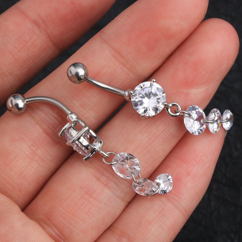 14G Round Clear CZ Dangle Belly Button Rings/ 14G Stainless - Etsy