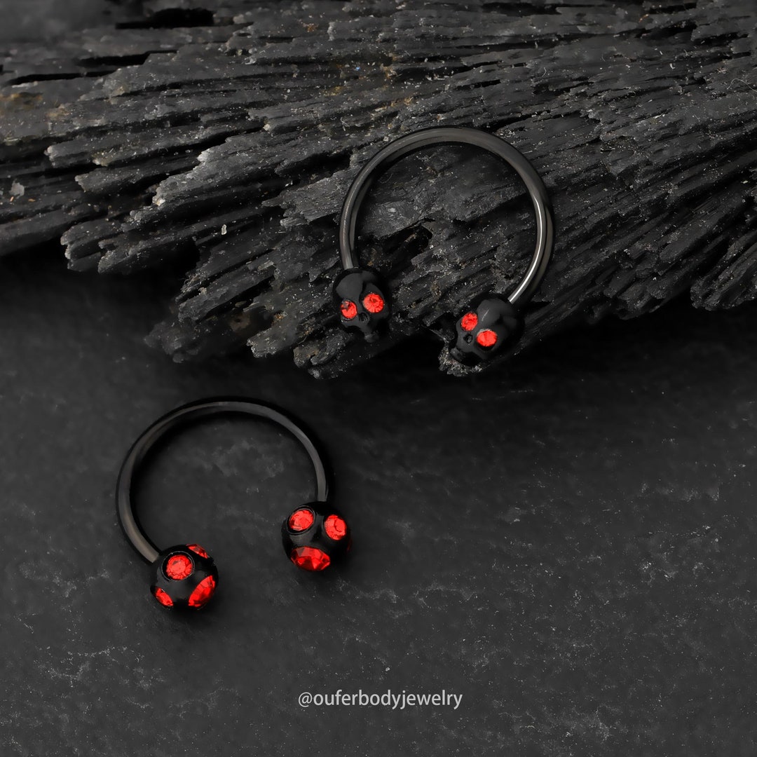 16G 2PCS Skull Head Horseshoe Ring Set/halloween Septum Ring/black Red ...