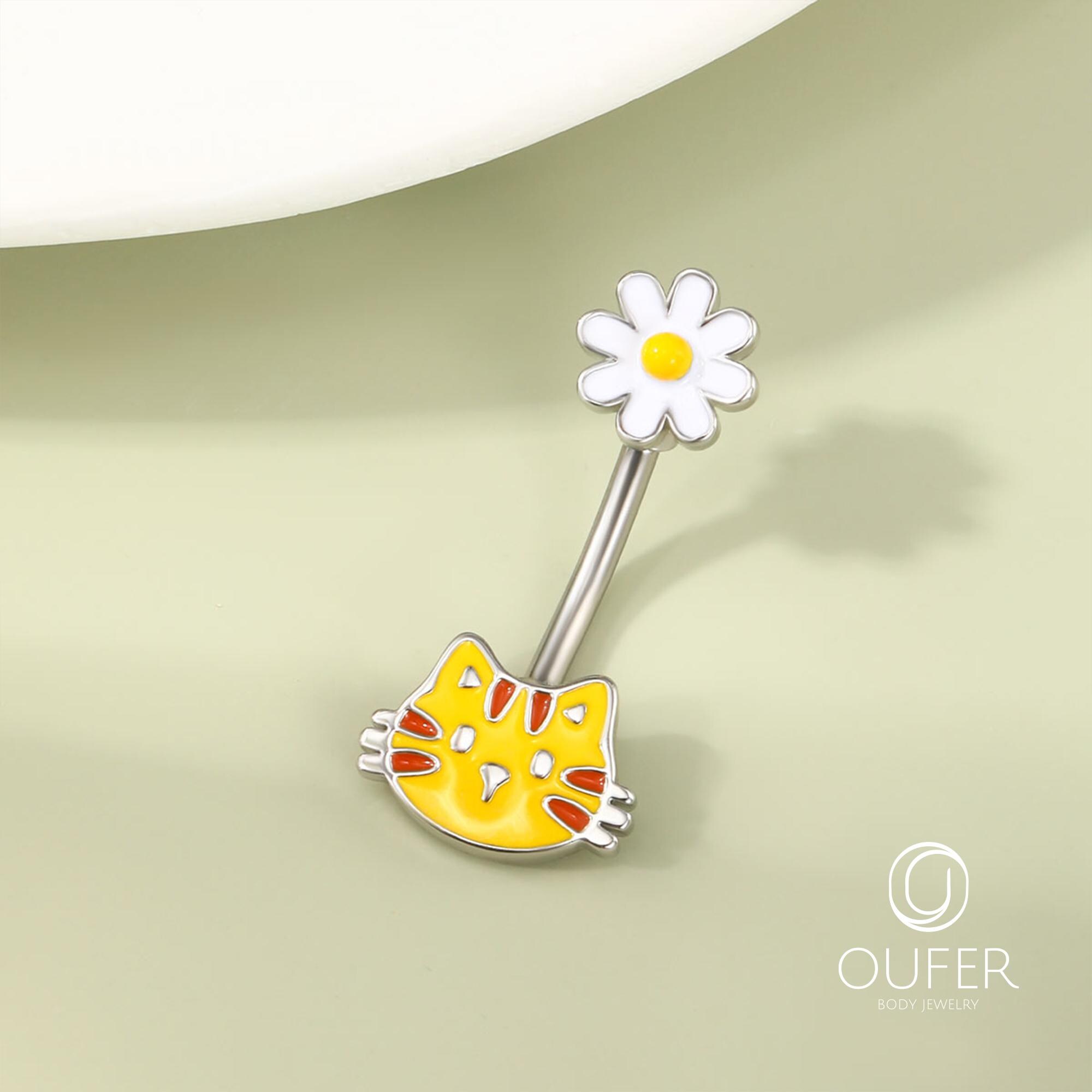 Oufer X Roly Daisy & Cat Face Top Navel Ring/14g Flower Belly Button ...