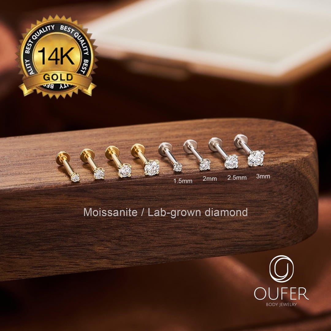 14K Solid Gold Lab-grown Diamond/moissanite Flat Back Stud – THREADLESS ...