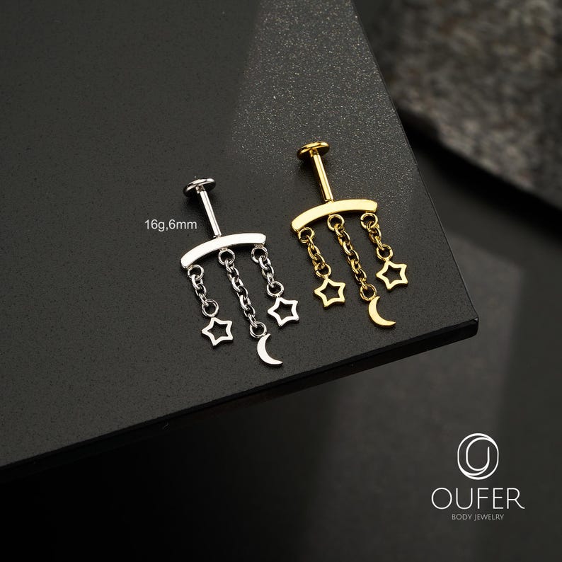 16G Vertical Helix Threadless Star Dangle Chain Earring-push Pin Flat ...