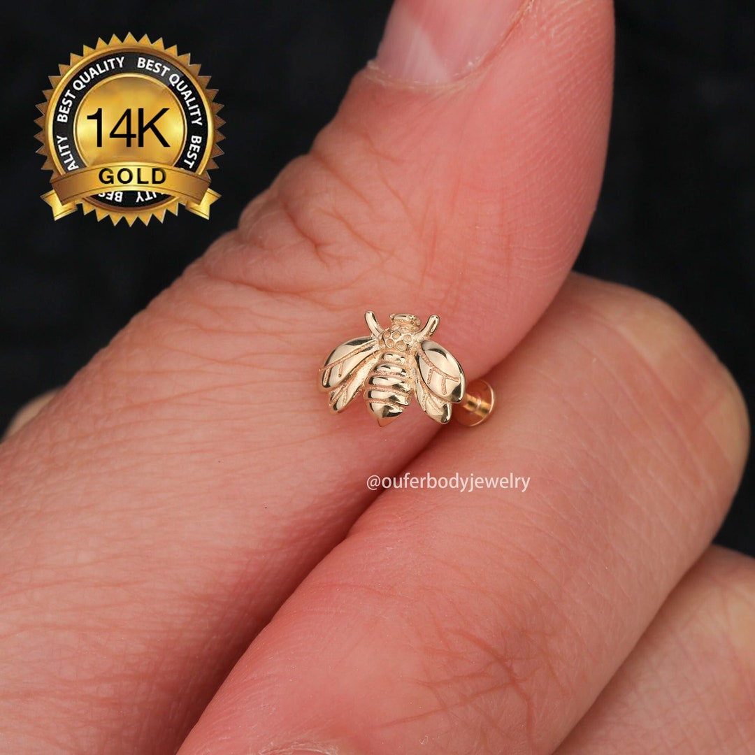 14K Solid Gold Bee Cartilage Stud Earring/threadless Push Pin Labret ...