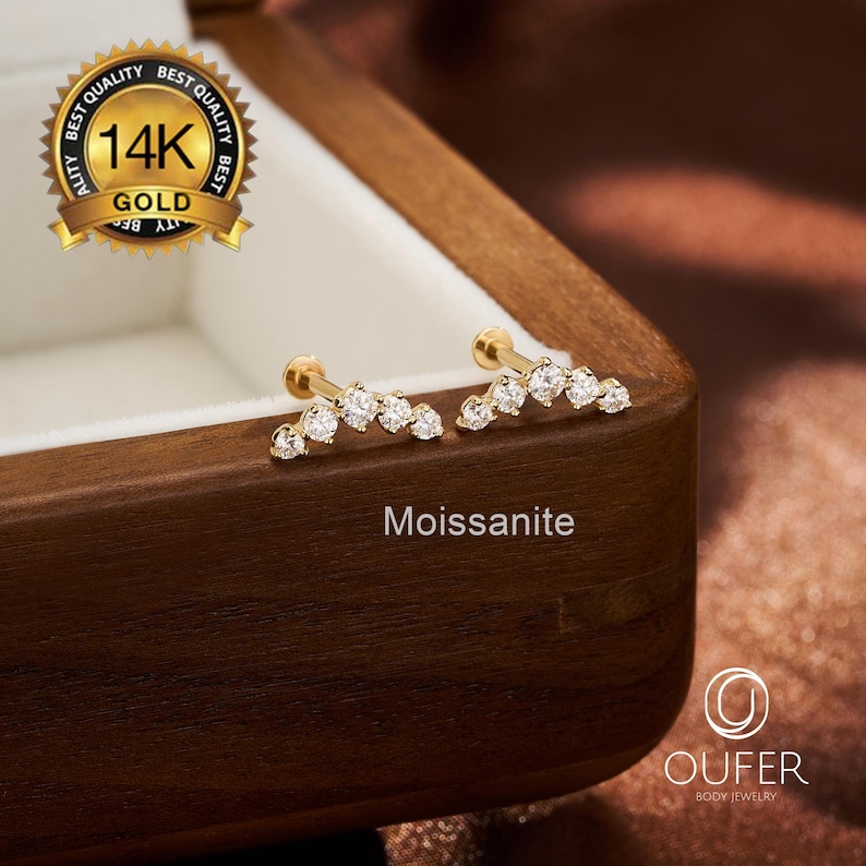 14K Solid Gold Moissanite Threadless Curved Bar Piercing – Inner Conch ...
