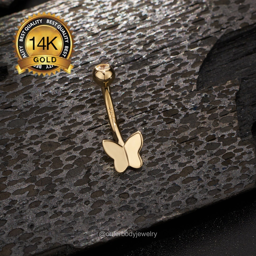 14K Solid Gold Butterfly Belly Button Ring/14g Navel Ring/belly Jewelry ...