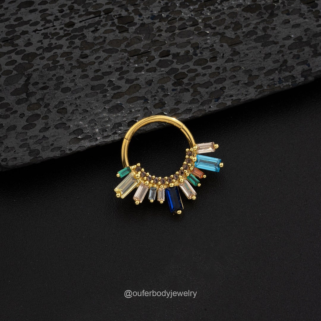 16G Baguette CZ Septum Ring/fan Hoop Clicker/daith Earrings/gold ...