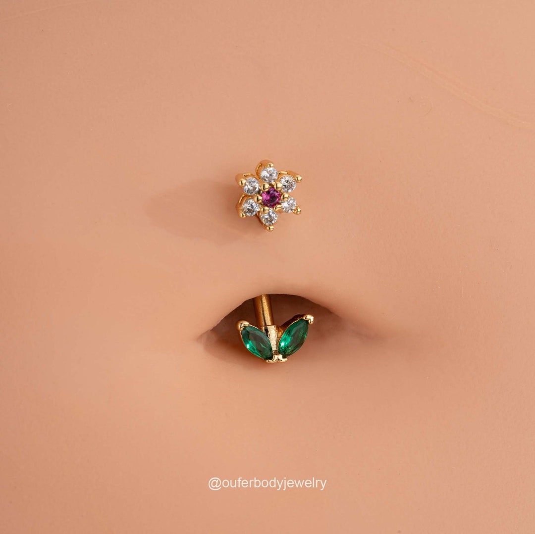 14G Flower Green Leaf Belly Button Ring/belly Piercing/belly Jewelry ...