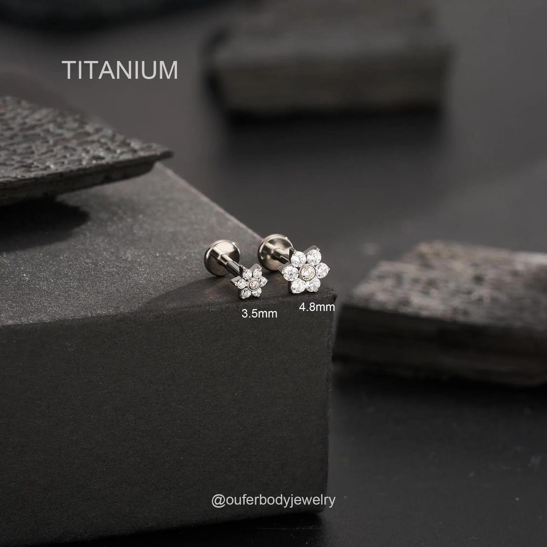 16G 6mm Titanium Flower Threadless Stud, Tiny Floral CZ Cartilage ...