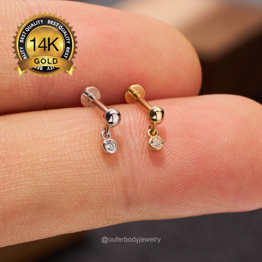 14K Solid Gold Tiny Dangle CZ Threadless Cartilage Earring/push Pin ...