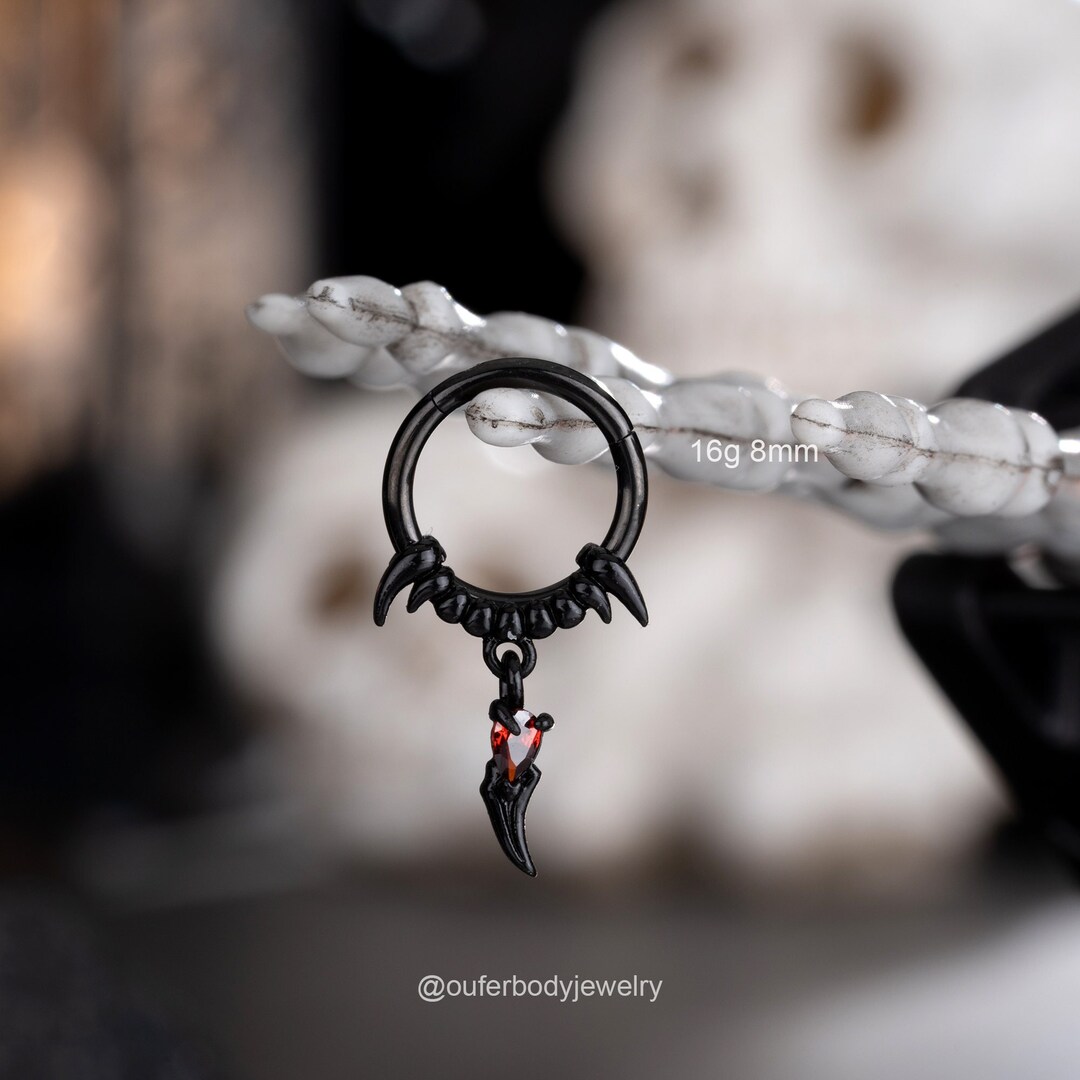 16G Tusk Shape Red Gem Dangle Septum Ring Black & Silver/daith Earring ...