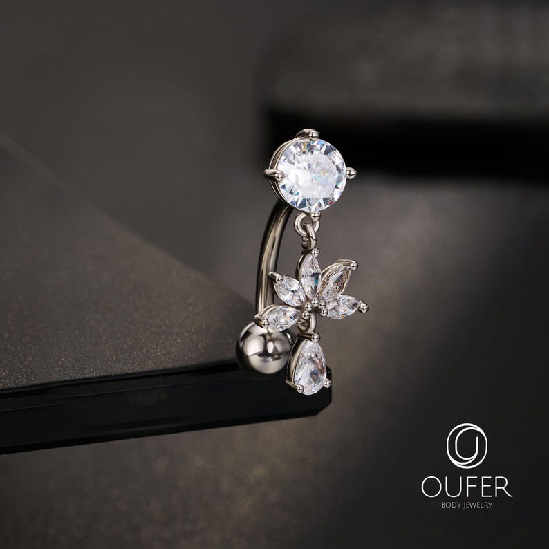 14G Lotus Flower Dangle CZ Belly Ring/curved Barbell/hang Upside Down ...