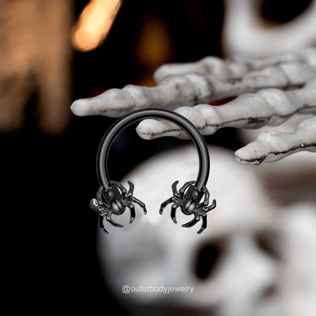16G Two Spiders Ends Horseshoe Septum Ring/black Gold Silver Spider ...