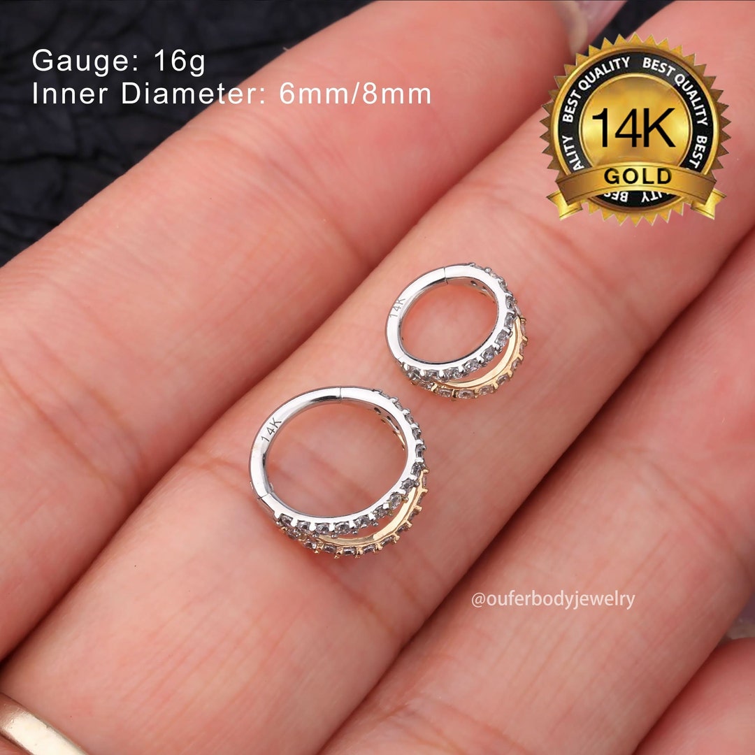 14K Solid Gold Double Hoop Nose Ring Half Gold Half Silver/cartilage ...
