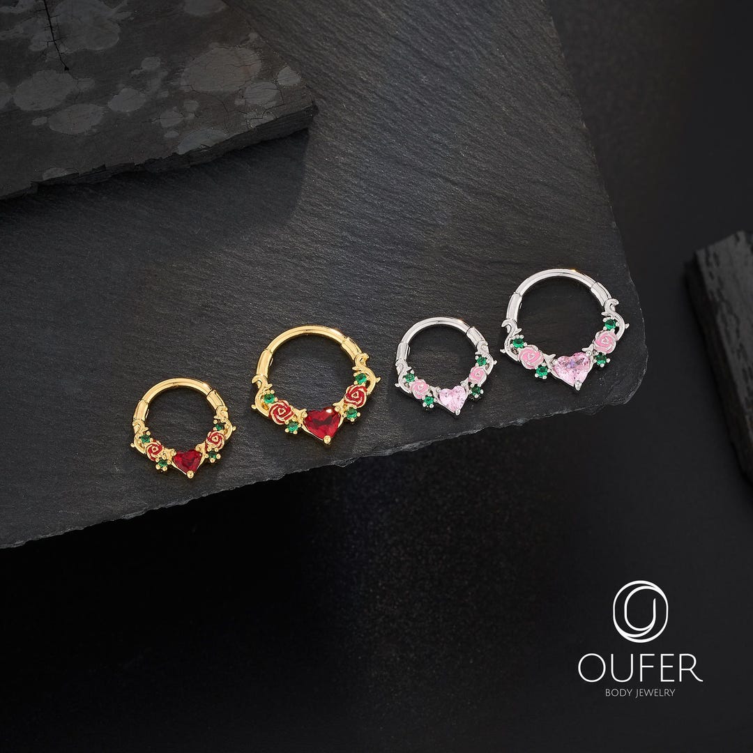 16G Rose Flower Heart CZ Septum Ring/silver Hinged Segment Clicker/red ...