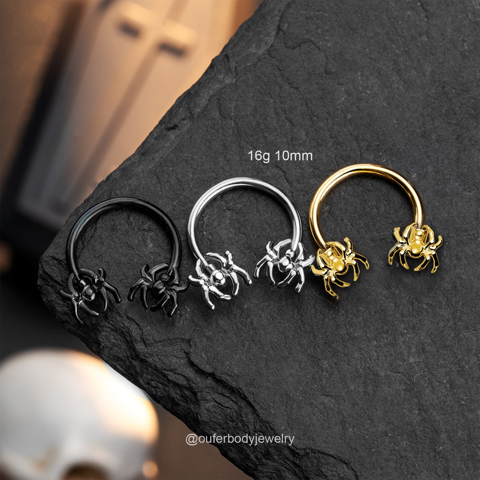 16G Two Spiders Ends Horseshoe Septum Ring/black Gold Silver Spider ...