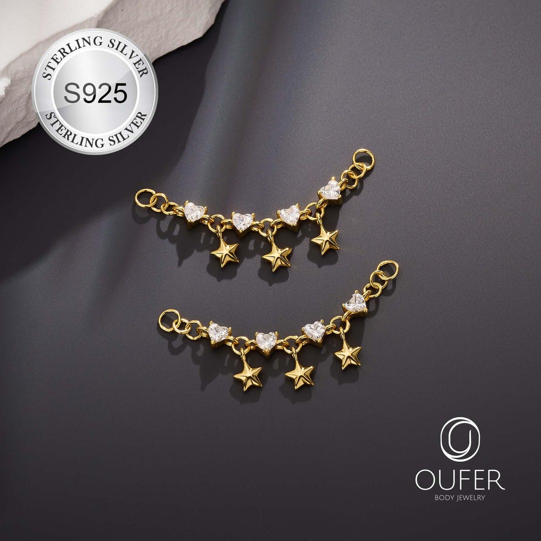 925 Sterling Silver Star Heart CZ Earring Chain, Dangling Nose Chain ...