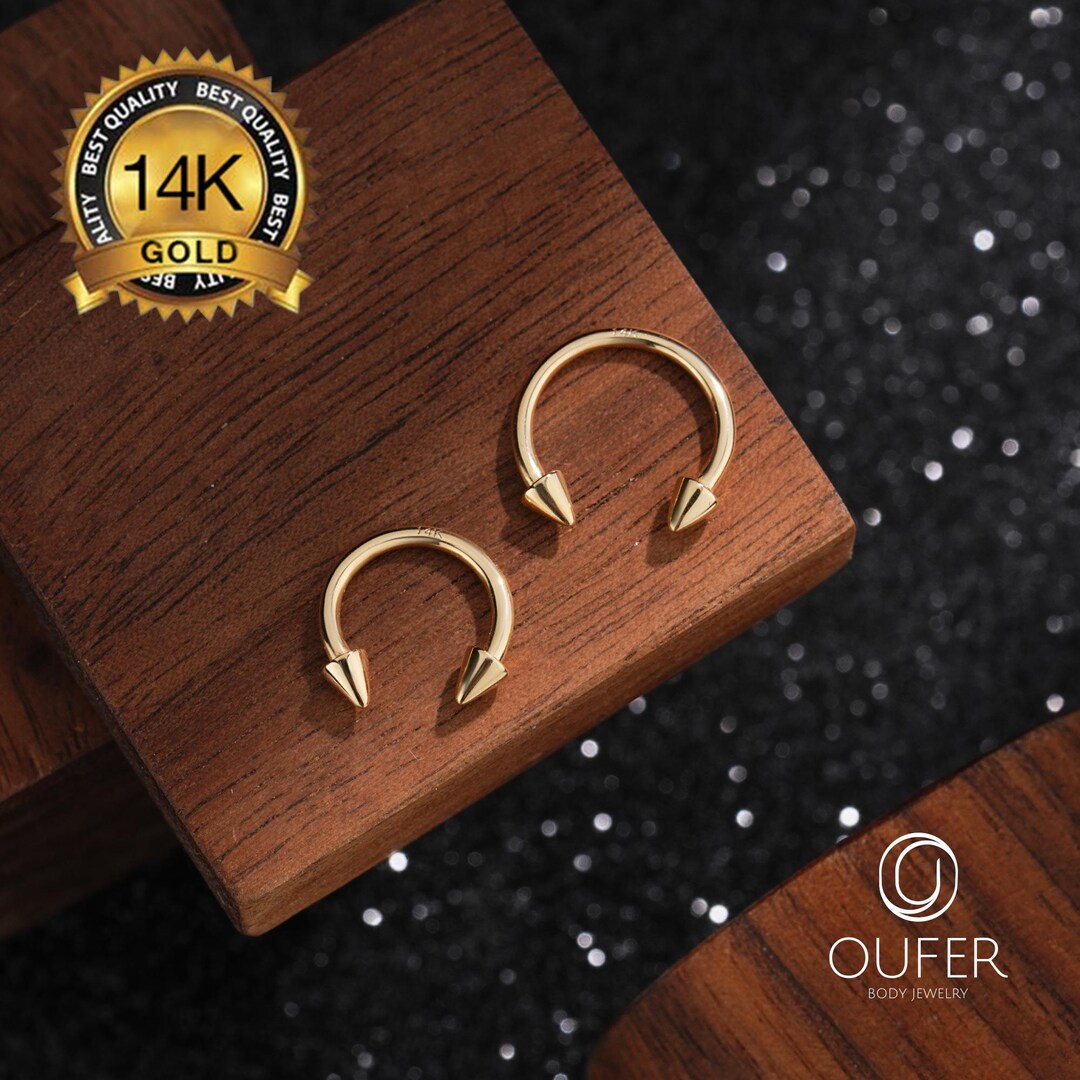 16G 14K Solid Gold Spike Septum Ring/internally Threaded Horseshoe Ring ...