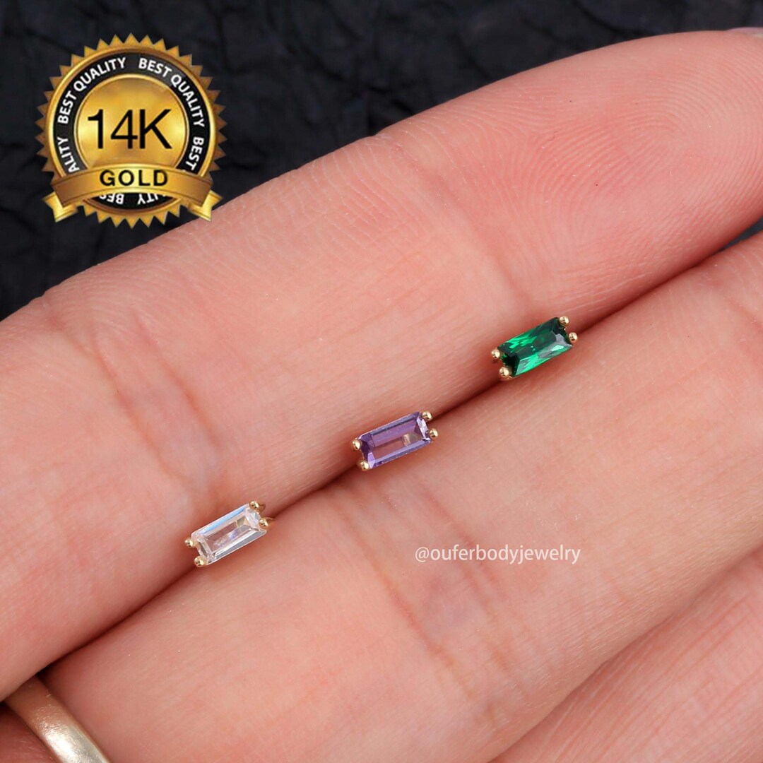 14K Gold Tiny Baguette Stud Earrings/white/emerald/lavender Cz/threadless Push Pin Labret ...