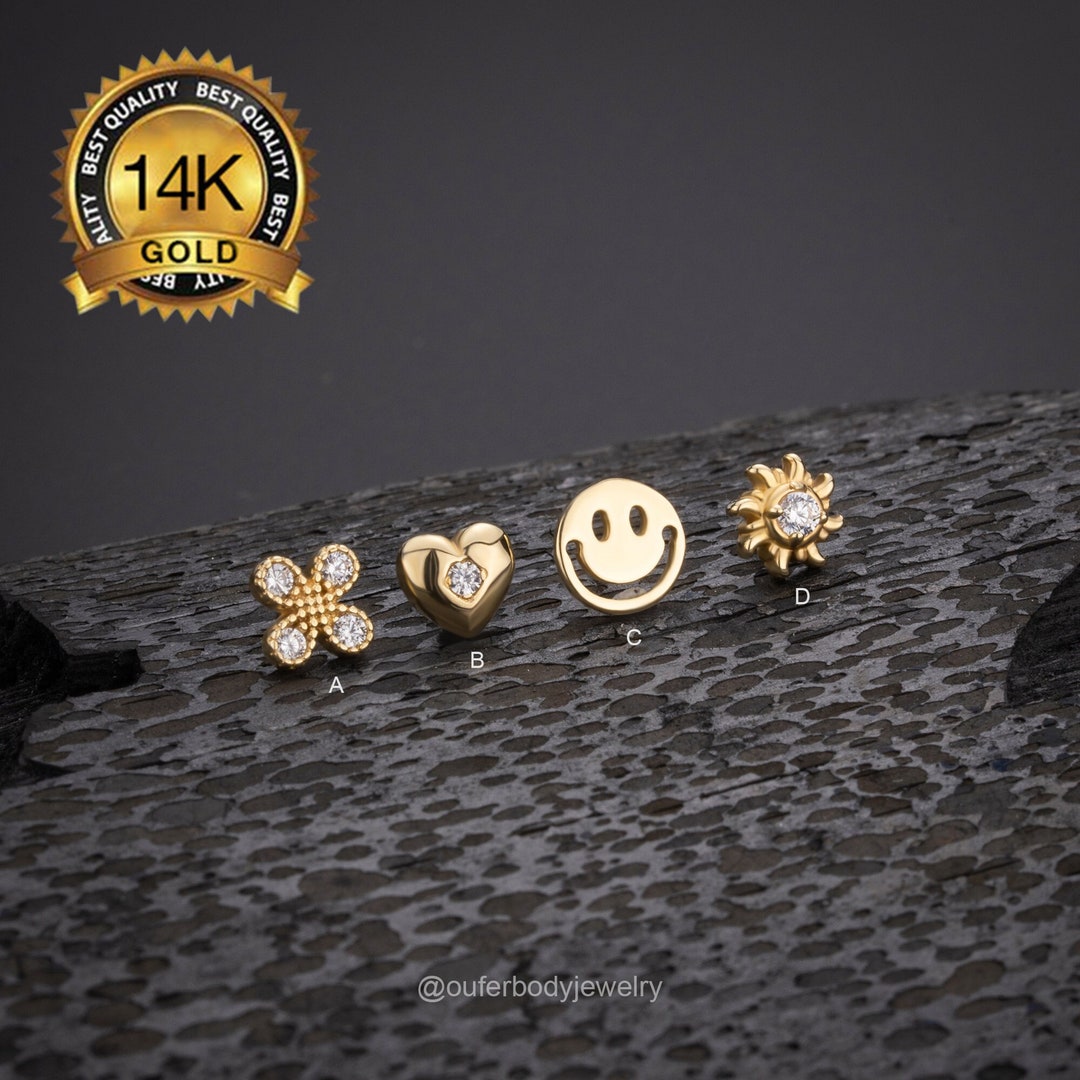 14K Solid Gold THREADLESS Flat Back Stud Earrings/sun/flower/heart ...