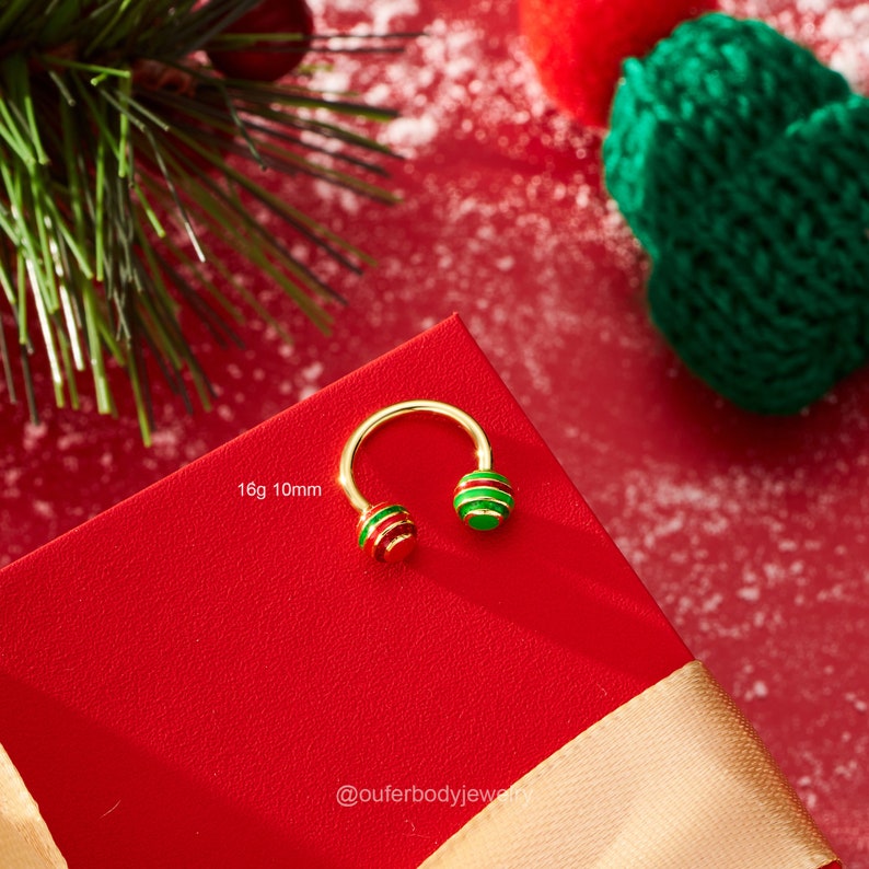 16G Internally Threaded Christmas Horseshoe Septum Ring/green Red ...