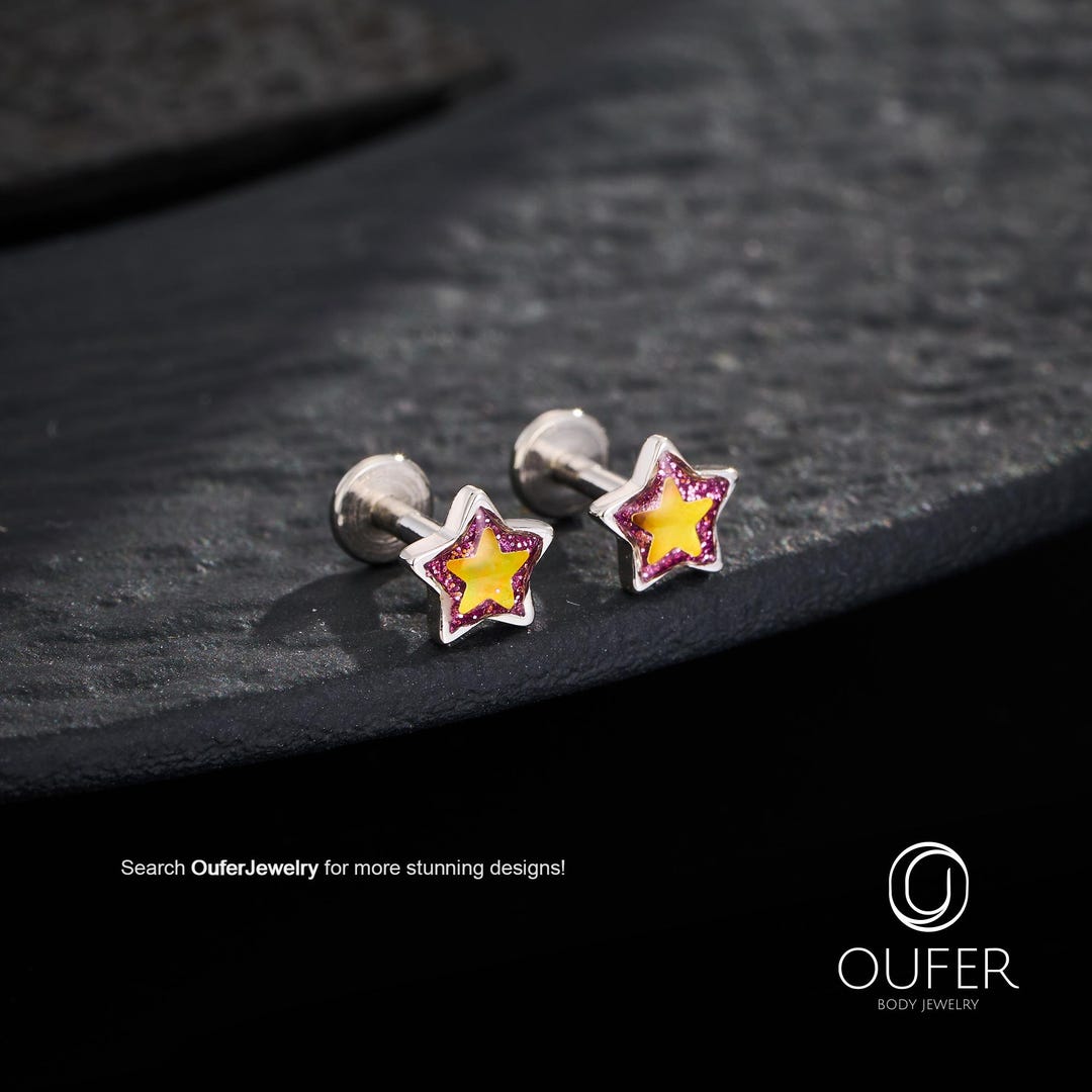 1PCS 16G Pink Glitter Star Flat Back Stud – Flat Back Cartilage, Helix ...