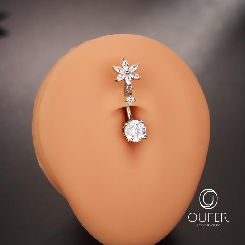 14G 12mm Big Flower Dangle CZ Belly Button Ring/navel Piercing Jewelry ...