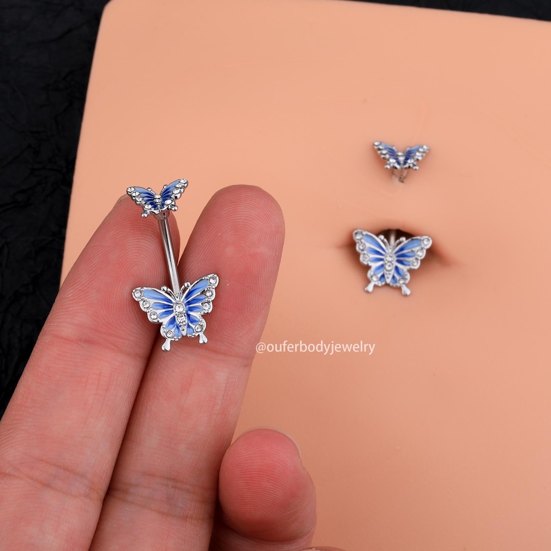 Blue CZ Butterfly Belly Button Ring/navel Jewelry/belly Jewelry/belly Piercing/navel Piercing ...