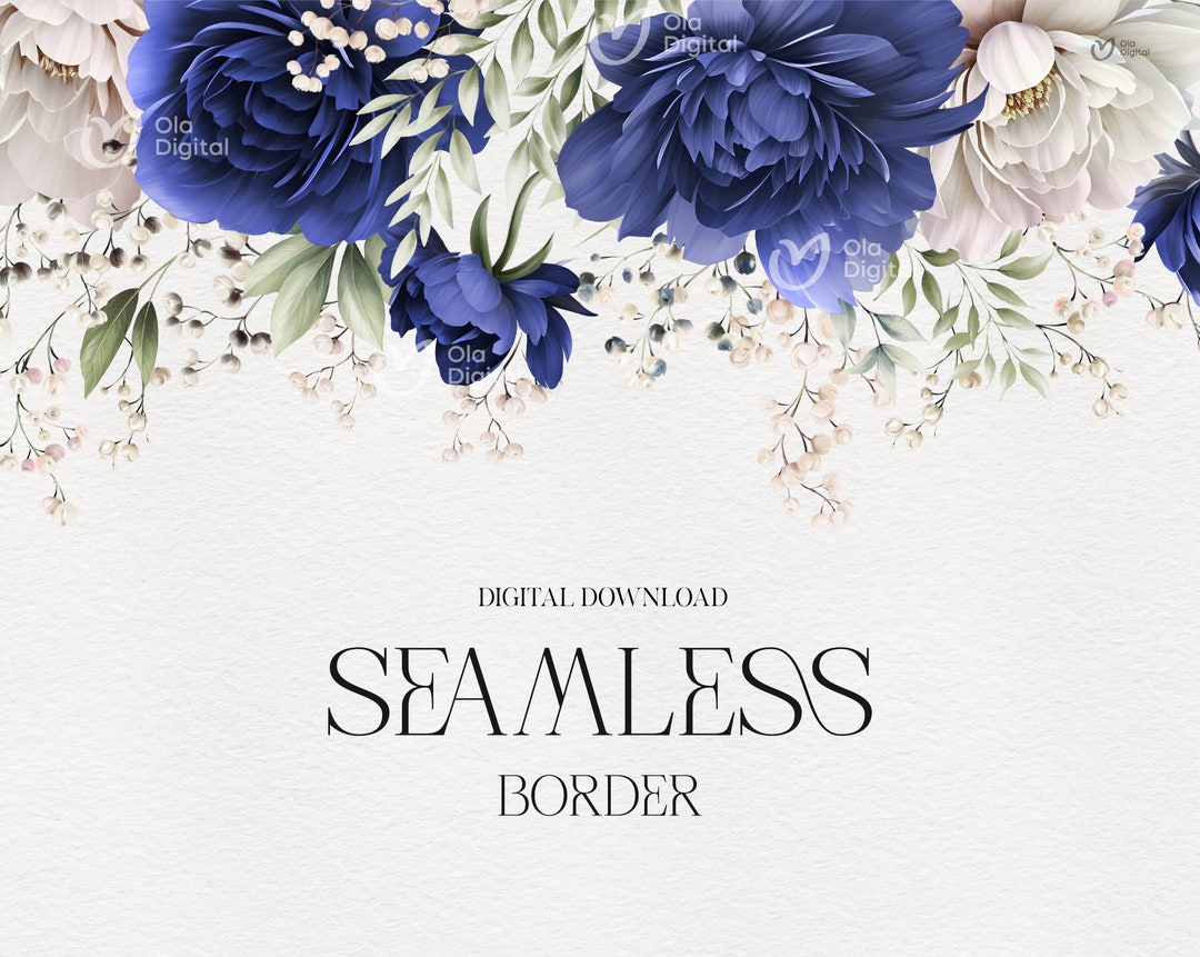 Seamless Floral Border, Navy Flowers, Peony Border-frame, Wedding ...
