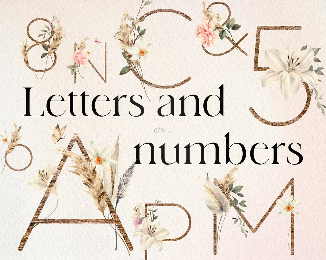 Floral Golden Alphabet and Numbers, Letters Design With Pastel Flowers ...