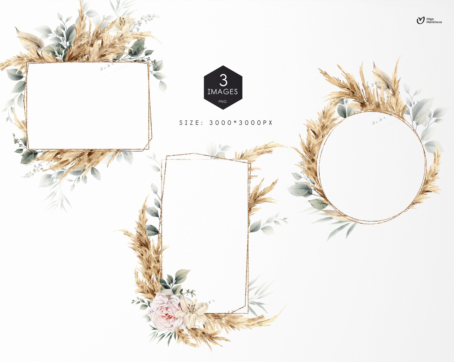 Watercolor Dry Gold Geometric Bouquet Wreath Frame Flowers - Etsy