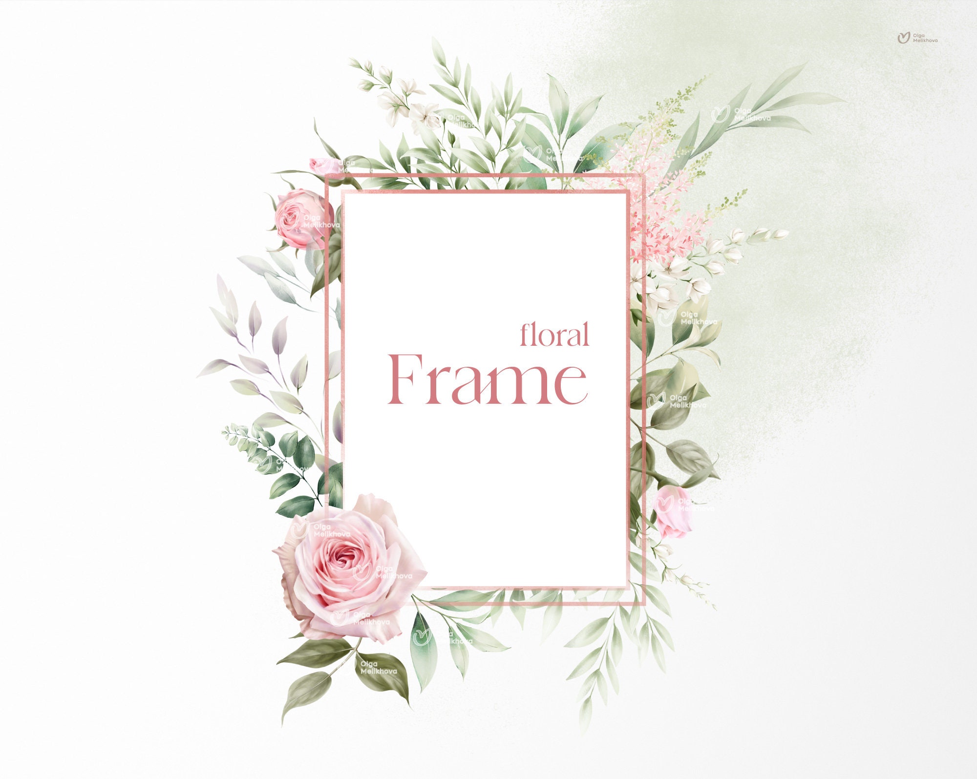 Floral Frame Foliage and Pink Roses Greenery Watercolor - Etsy