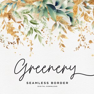 Greenery Seamless Border, Golden Foliage, Elegant Floral Clipart ...