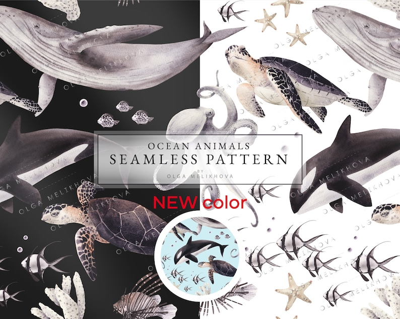 Ocean Animals Watercolor Seamles Pattern Digital Paper PNG - Etsy